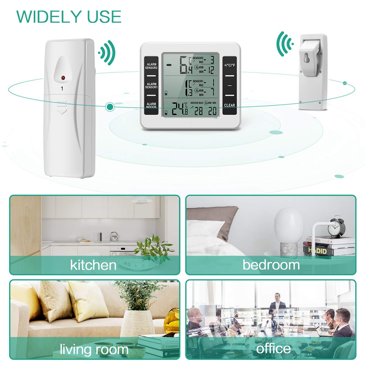JXTZ Refrigerator Thermometer, Freezer Thermometer with Alarm, Fridge Thermometer Digital with 2 Sensors, Wireless Indoor Outdoor Thermometer with Temperature Alarm, Min/Max, Temperature Trend Display