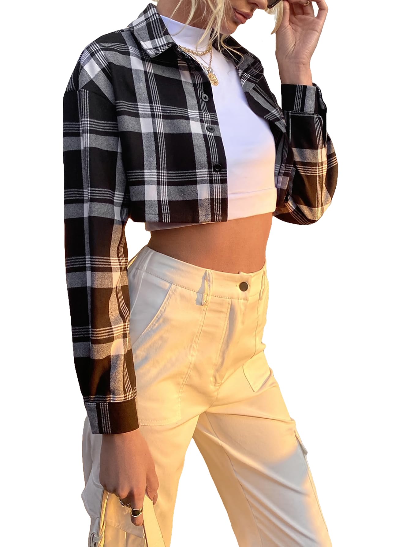 Floerns Women's Long Sleeve Collar Button Down Plaid Crop Top Blouse Black and White M