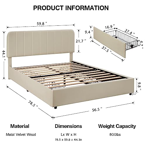 VECELO Full Size Upholstered Bed Frame with 4 Drawers and Adjustable Headboard, Velvet Platform Storage Bedframe Mattress Foundation, Wooden Slats Support, No Box Spring Needed, Beige