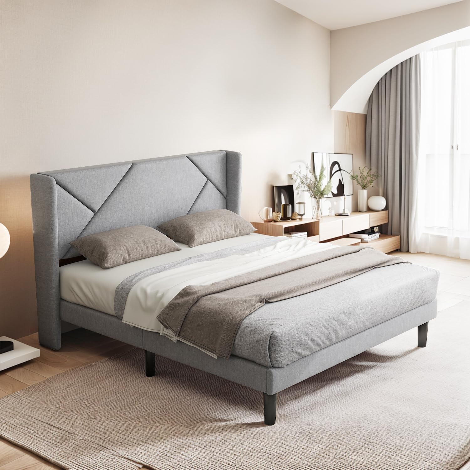 Fangflower Full-size Platform Bed Frame with Fabric Wingback Headboard/Upholstered Headboard/12 Solid Wooden Slats/No Box Spring Needed, Non-Slip and Noise-Free,Light Gray