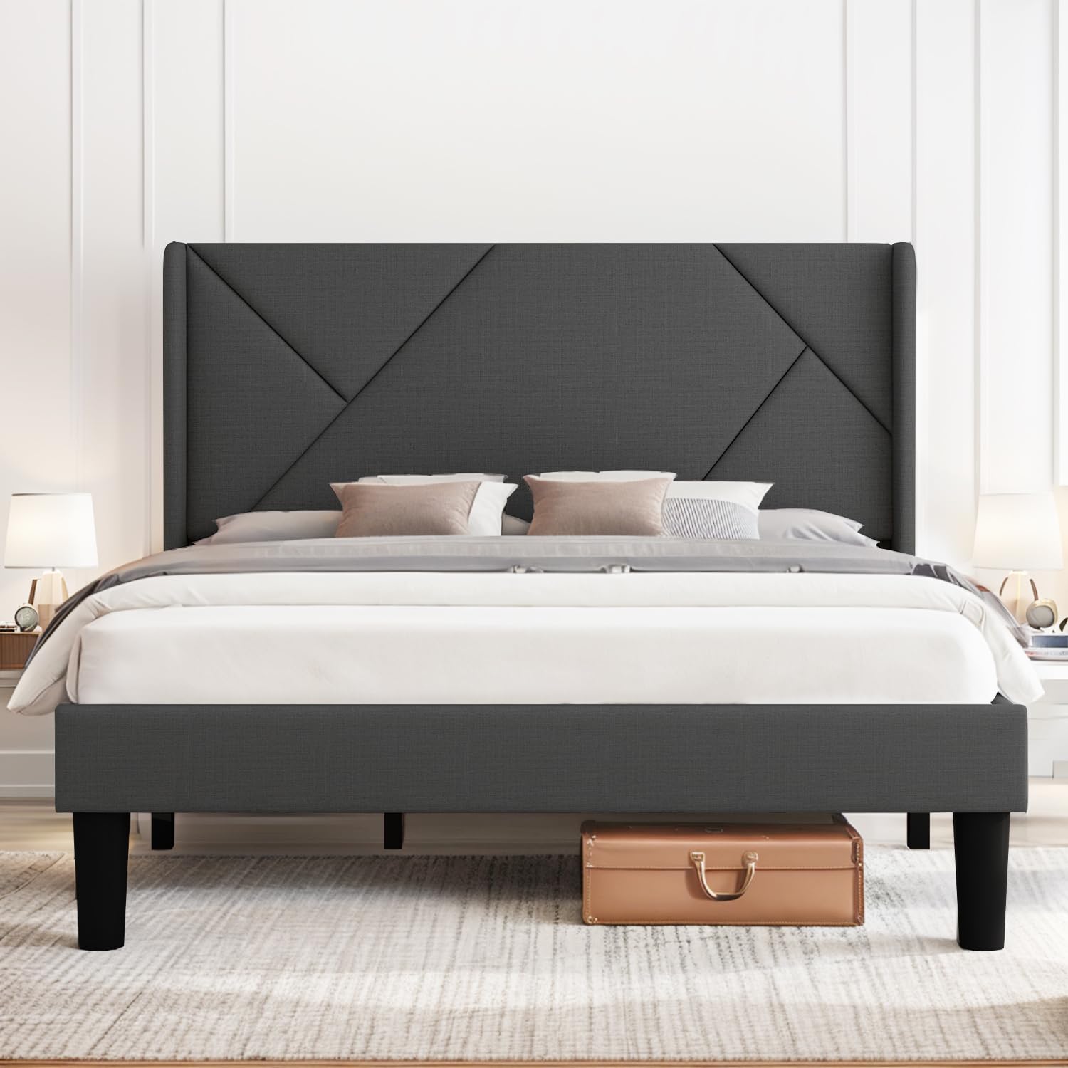 Fangflower Platform Bed Frames, King Bed Frame with LED Lights and Charging Station, Soft Storage Headboard, Sturdy and Durable, No Box Spring Needed, Rustic Wood and Steel, Dark Grey