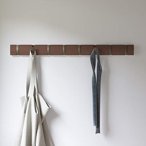 Umbra Flip Wall-Mounted Coat Rack Rail Hook for Hats, Jackets, Bags and More β Modern, Space-Saving Storage Organizer for Entryway, Mudroom, Closet, Bathroom, Bedroom, Kids Room, or Nursery, 8 Hooks, Light Walnut/Gold