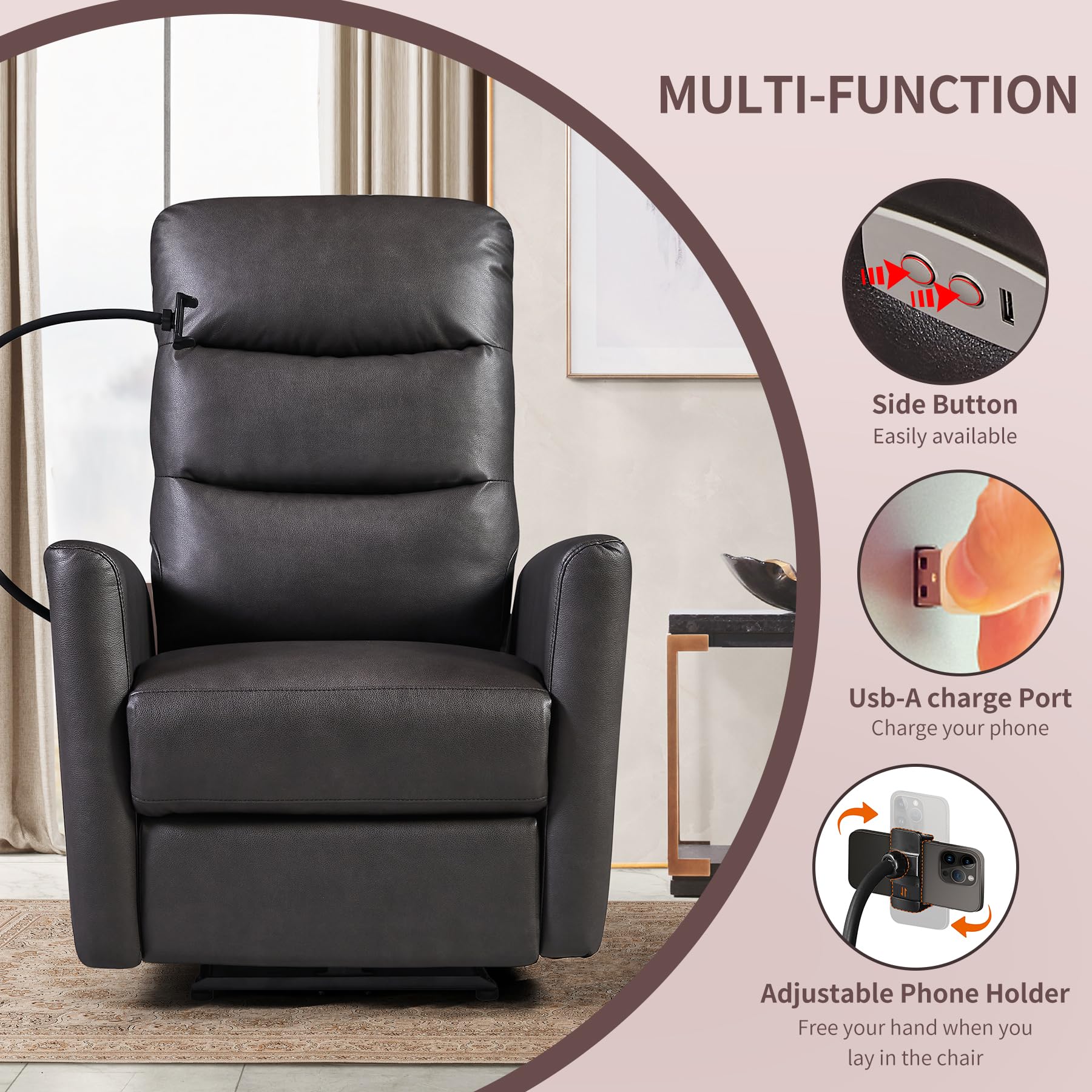 Plococo Zero Gravity Recliner Chair ZGRC001 - Power & Electric Living Room Chair with USB Port, Phone Holder, Breathable Leather - Compact & Small,Gray