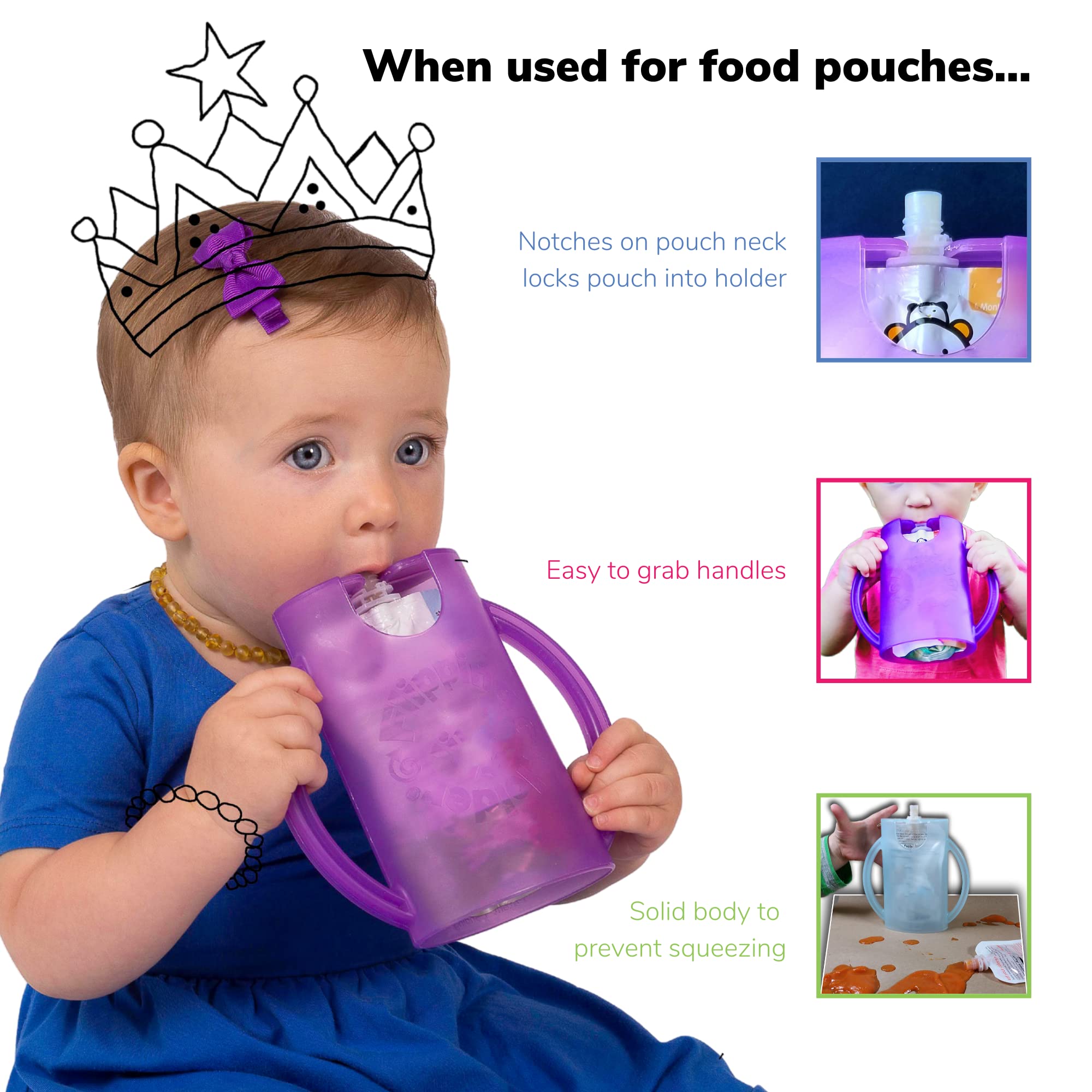 Flipping Holder DELUXE Squeeze Proof (with lid) for Food Pouches & Juice Boxes - Multipurpose - Prevent Messes & Support Self-Feeding - Easy Grasping Handles - Made in USA