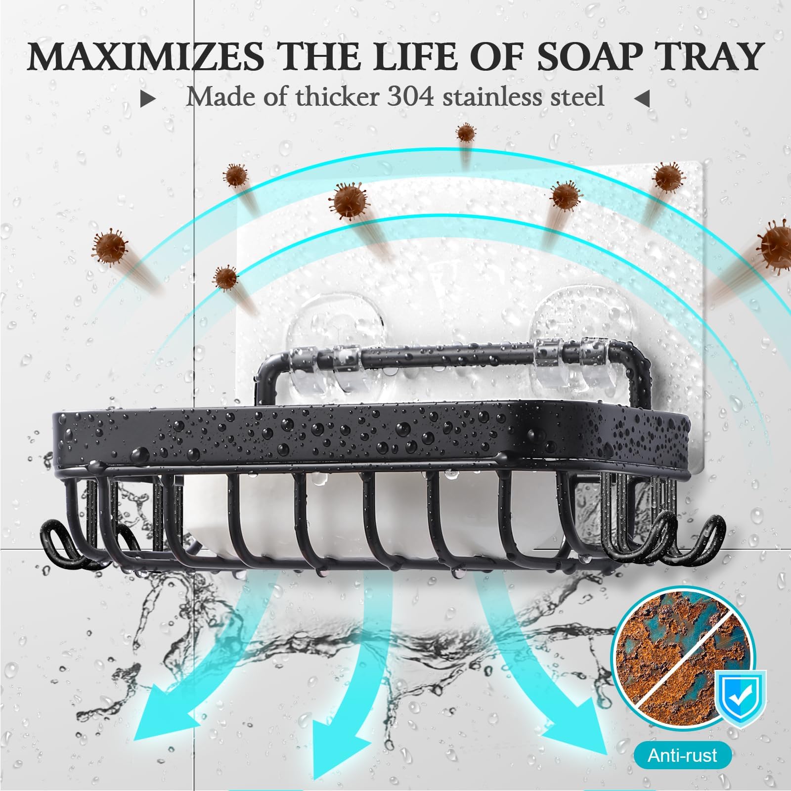 Soap Dish Holder for Shower Wall, 304 Stainless Steel Bar Soap Holder with Hooks for Bathroom, Sponge Holder for Kitchen Sink-Powerful Adhesive No Drilling