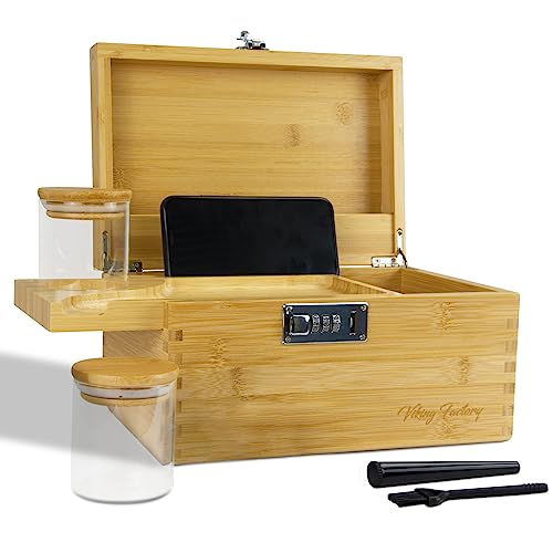 Viking Factory Large Bamboo Box with Combination Lock Decorative Box for Home Locking Storage Box -Premium Removable Tray, With Glass Jar