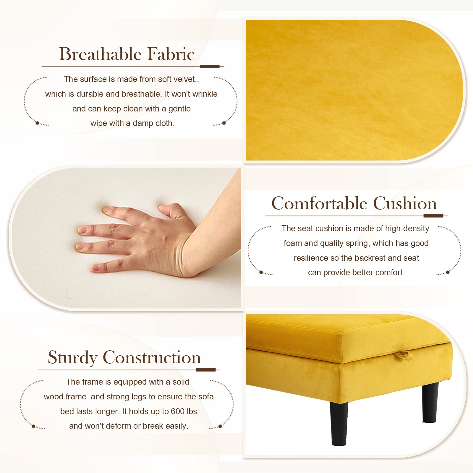 Modern Velvet Pull Out Sleeper Sofa Bed with Chaise, Comfy L Shaped Convertible Sleeper Couch with Storage and Pocket, Sectional 3 Seat Couch for Living Room Furniture or Office, Smooth Back - Yellow