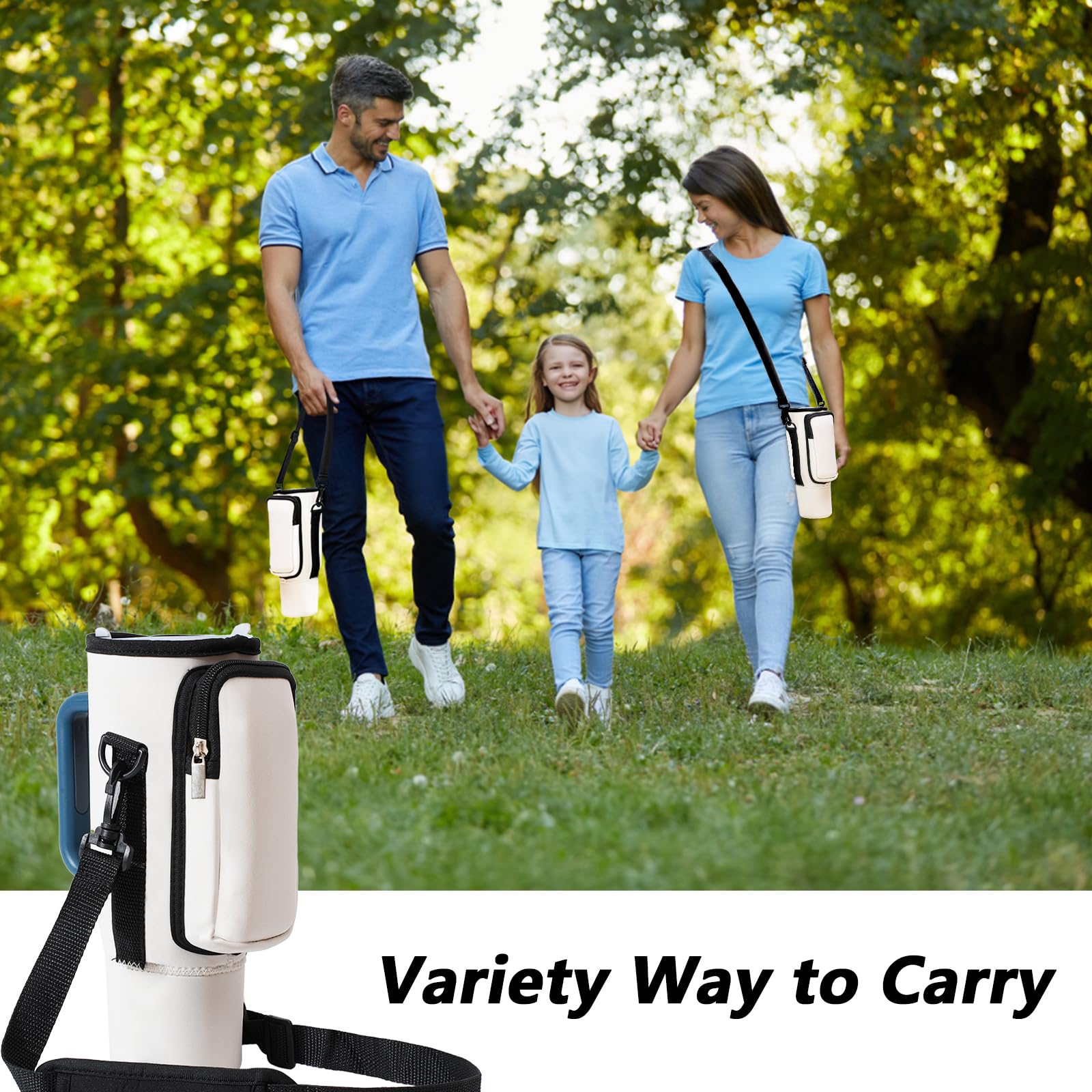 EFOBO Water Bottle Carrier Compatible with Stanley 40oz Tumbler with Handle, Bottle Holder with Adjustable Strap, Pocket and Straw Cover, Cup Accessories for Hiking Travelling Camping (Grey)