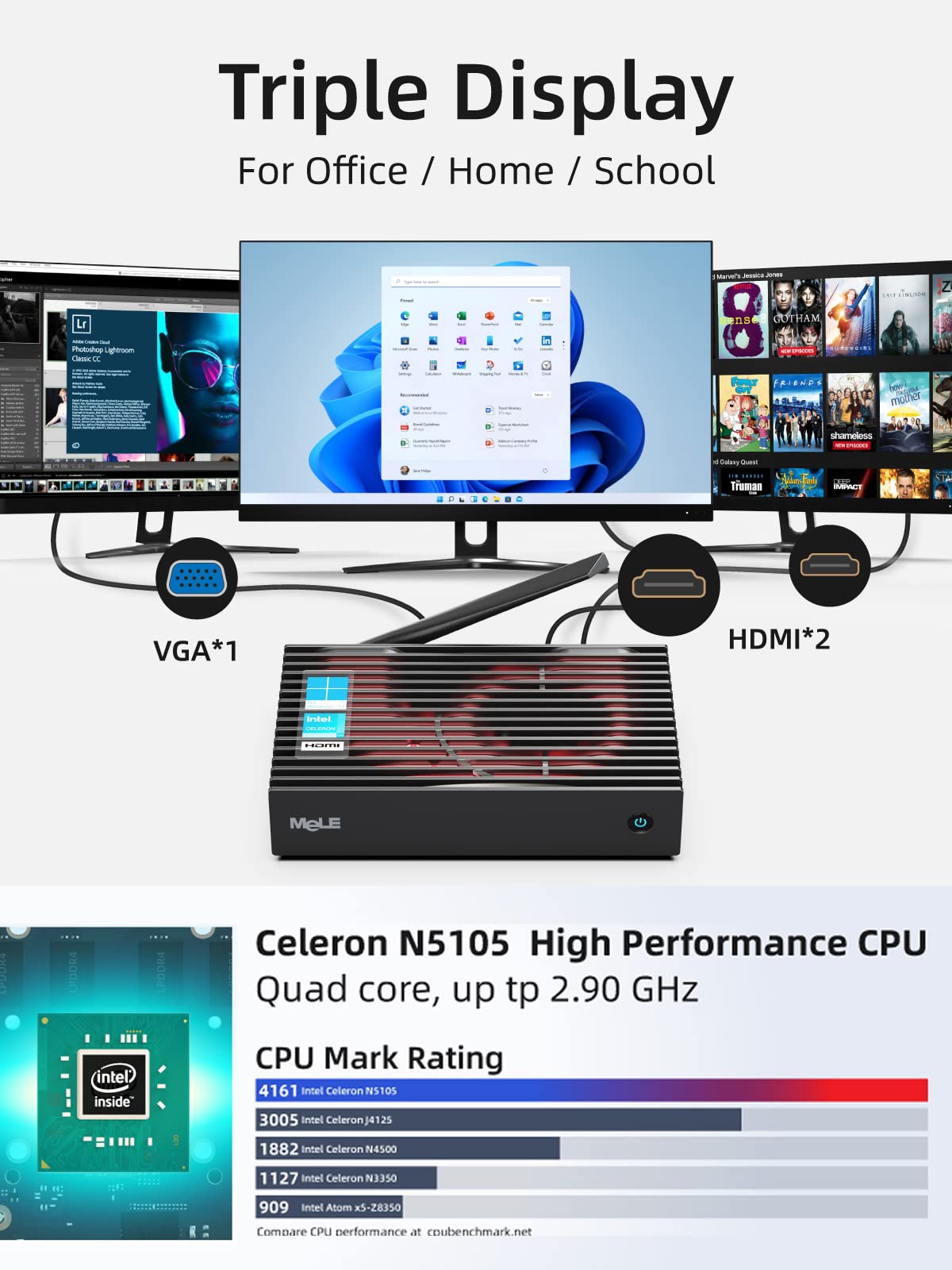 MeLE Fanless Mini PC Computer PCG35 N5105 8GB 128GB Windows-11-Pro Micro PC Support M.2 NVMe SSD 2.5" HDD/SSD 2X HDMI 4K +1x VGA Triple Display WiFi 6 Gigabit Ethernet BT5.2 on Business Office Home
