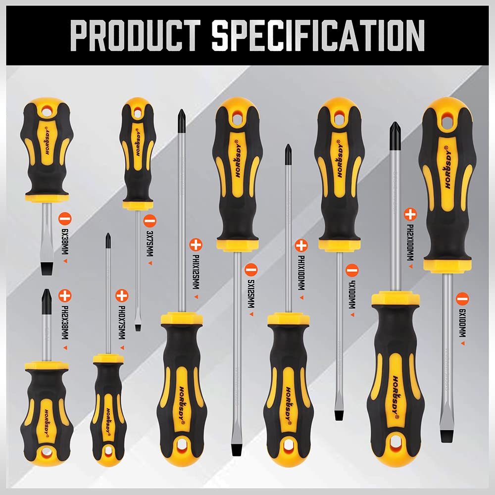 HORUSDY 11-Pieces Screwdriver Set, Magnetic 5 Phillips and 5 Flat Head Tips for Fastening and Loosening Seized