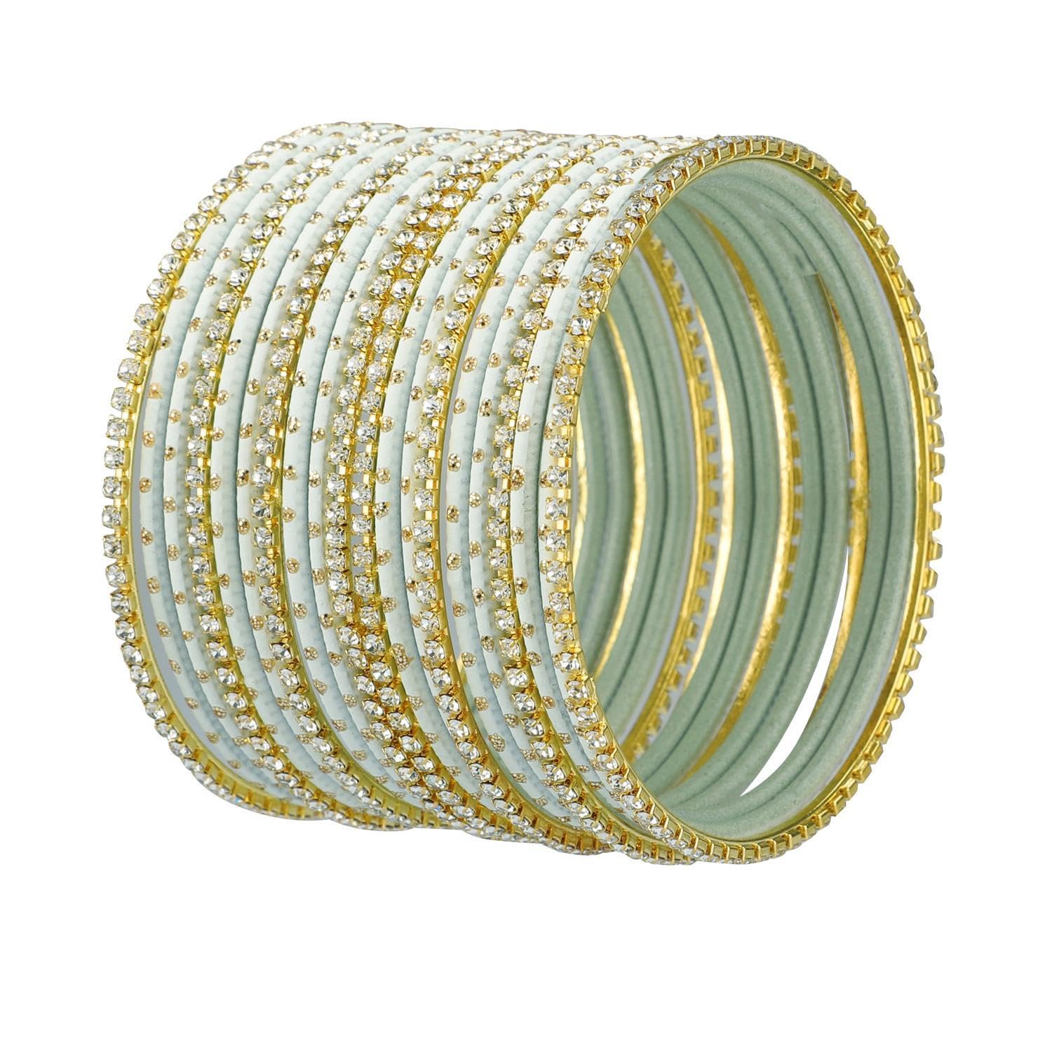 Efulgenz Indian Bangle Set Rhinestone CZ Plain Metal Bracelet Bangle Jewelry for Women (Green 1 (Set of 20 Pcs), 2-4)