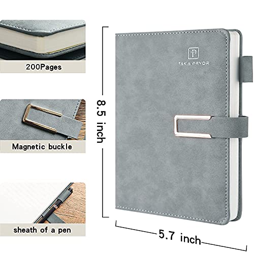 TAKA PRYOR Leather Journal Notebook Lined, Hardcover Magnetic Closure, Personal Writing Notebooks, with Pen Loop,Medium 5.7 x 8.3 inches, 120 GSM Paper Gifts Gray Ruled