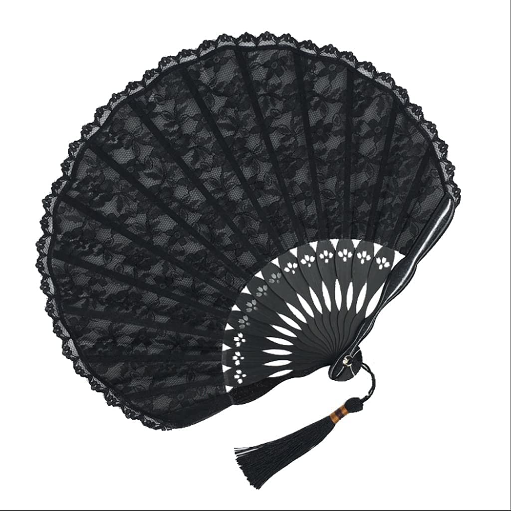 HALAHAI Folding Fan Black Embroidery Shell-shaped Lace Cheongsam Folding Fan Dance Ancient Style Small Round Fan Hand Fan (Color : B, Size : 22cm)