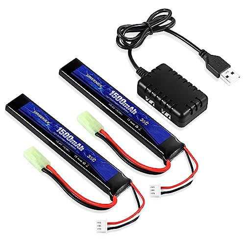 URGENEX Airsoft Battery 7.4V 1500mAh 35C High Discharge Rate Lipo Battery Pack with Mini Tamiya Plug Rechargeable 2S Lipo Battery for Airsoft Model Guns