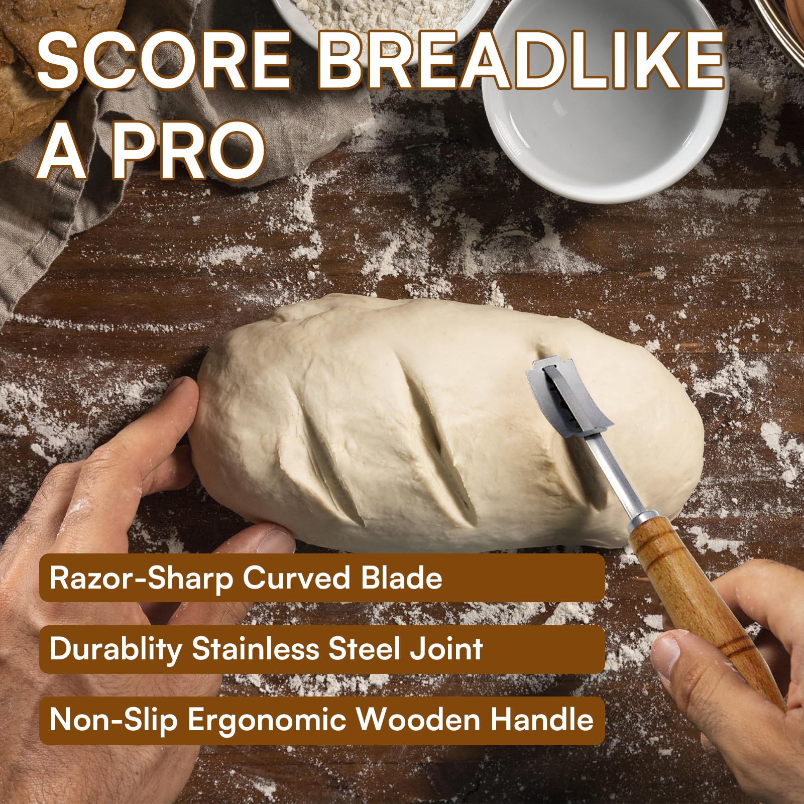 LOVLLE Bread Knife for Homemade Bread- Wooden Bread Bow Knifes sourdough Serrated Cutter Used for slicing bread include a dough whisk, scoring knife for bread baking