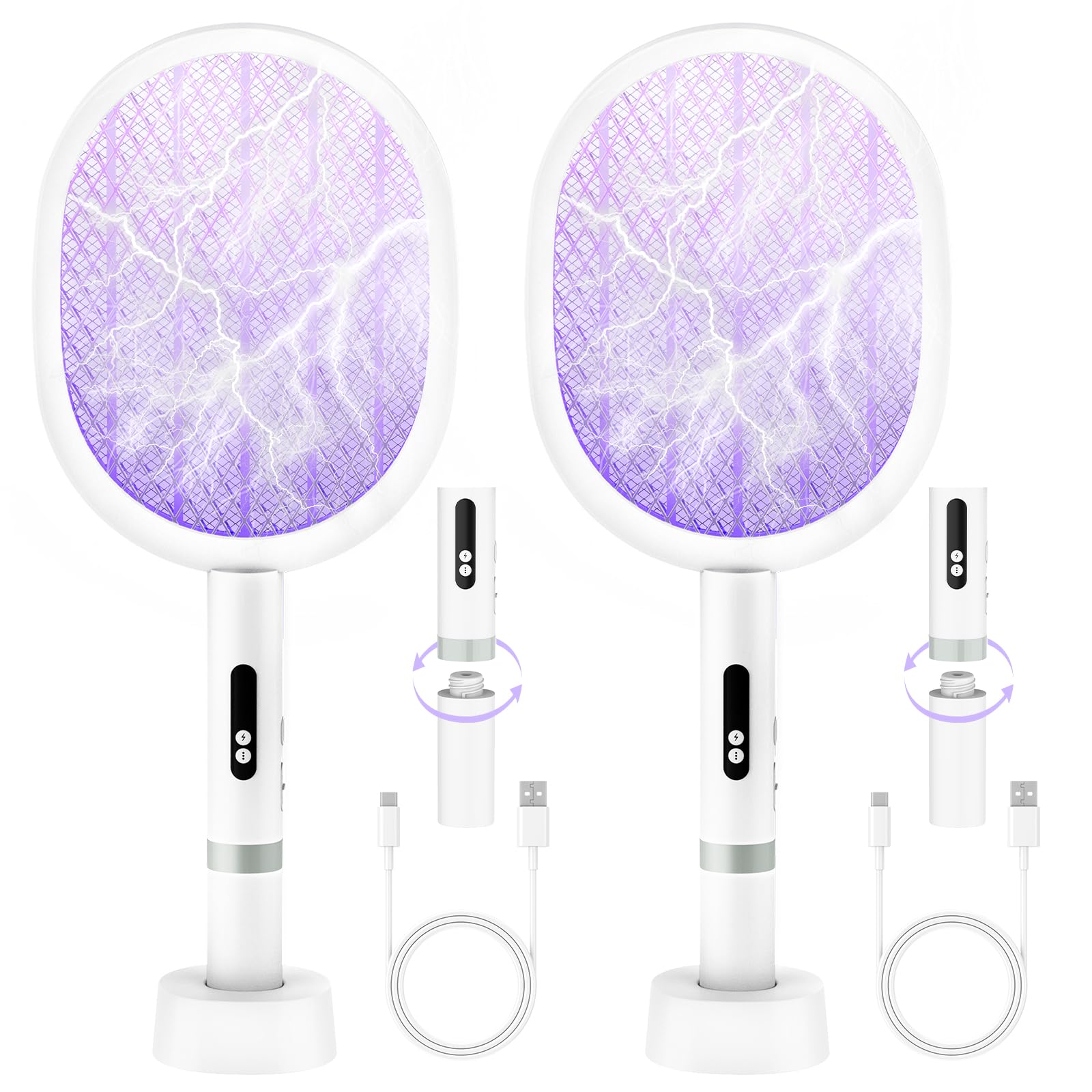 PALONE Electric Fly Swatter Type-C Rechargeable Electric Bug Zapper Racket, Detachable Mosquito Swatter, Fly Zapper, Mosquito Killer for Indoor Outdoor 2 Pack