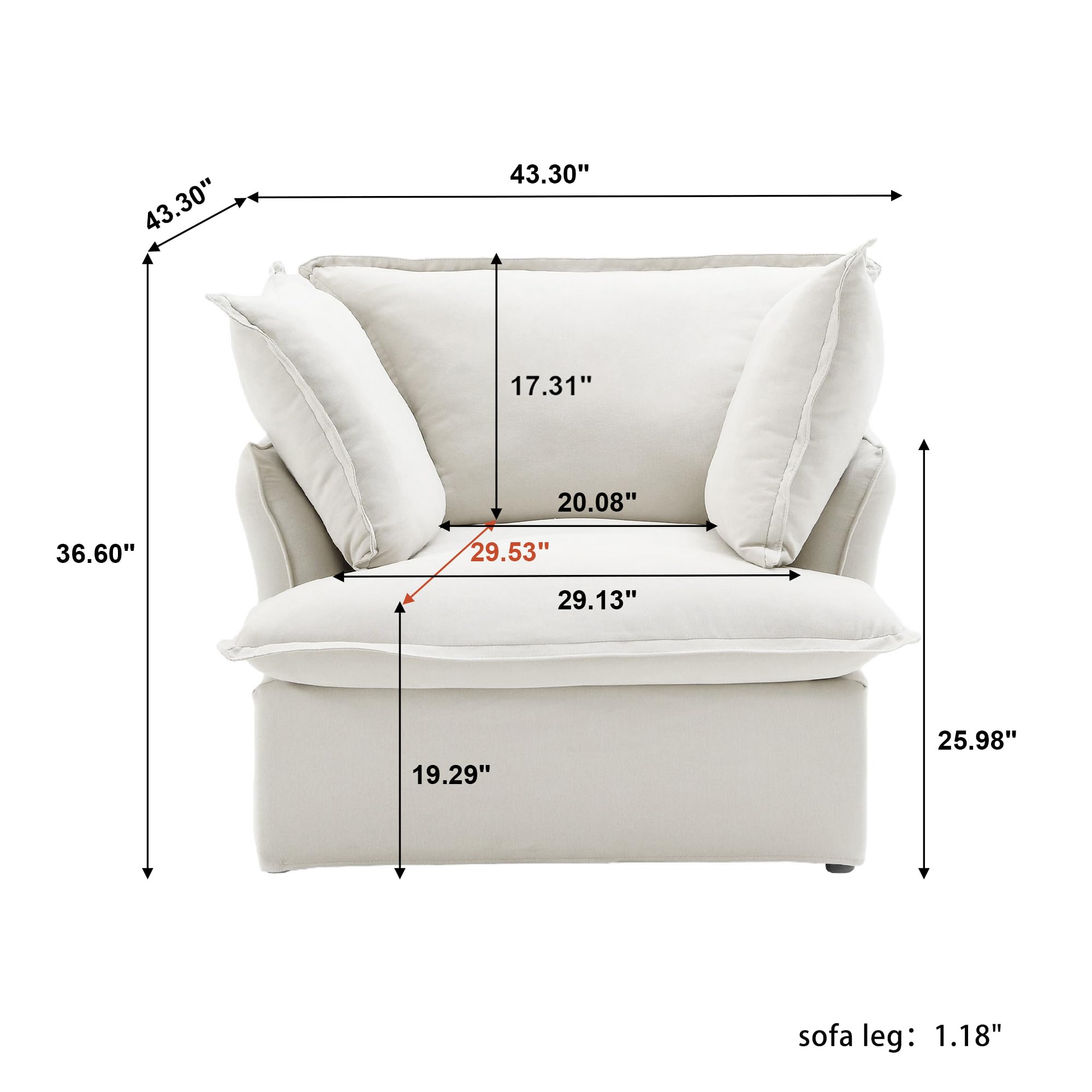 Sdorens 43.3" Single Sofa Chair, Modern Comfy Sofa Couch with Thick Cushion, Down Filled Single Accent Chair Deep Seat Couches for for Small Spaces Living Room Bedroom Office Apartment, White