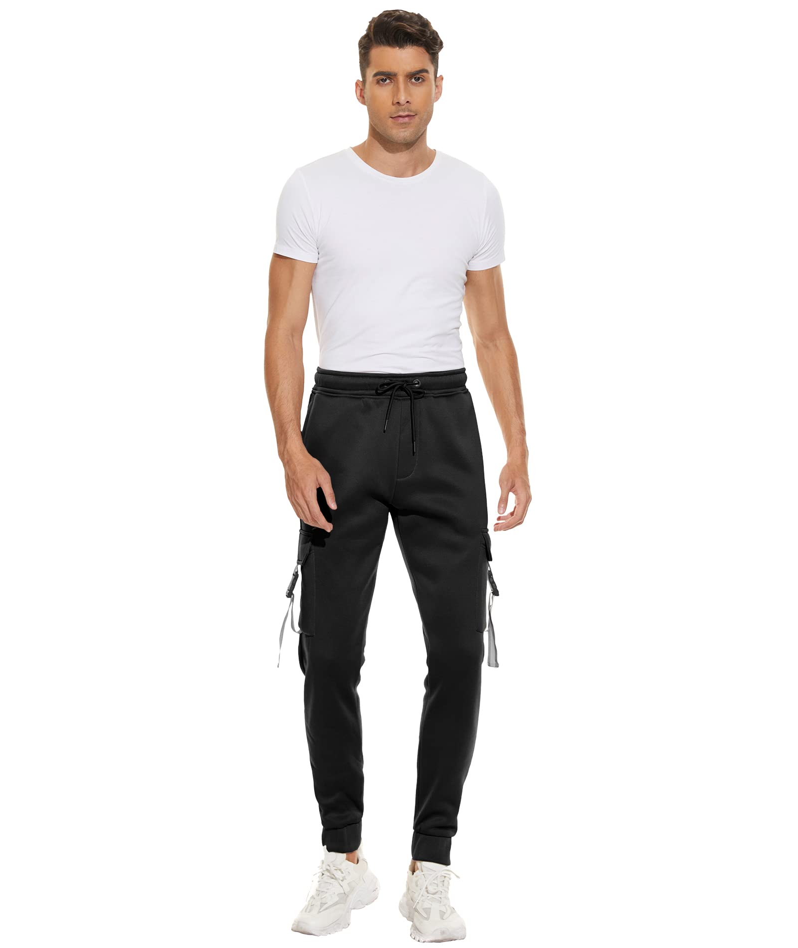 IGEEKWELL Men Sweatpants Cargo Fleece Winter Athletic Joggers Pants Warm Drawstring Pockets Elastic Black