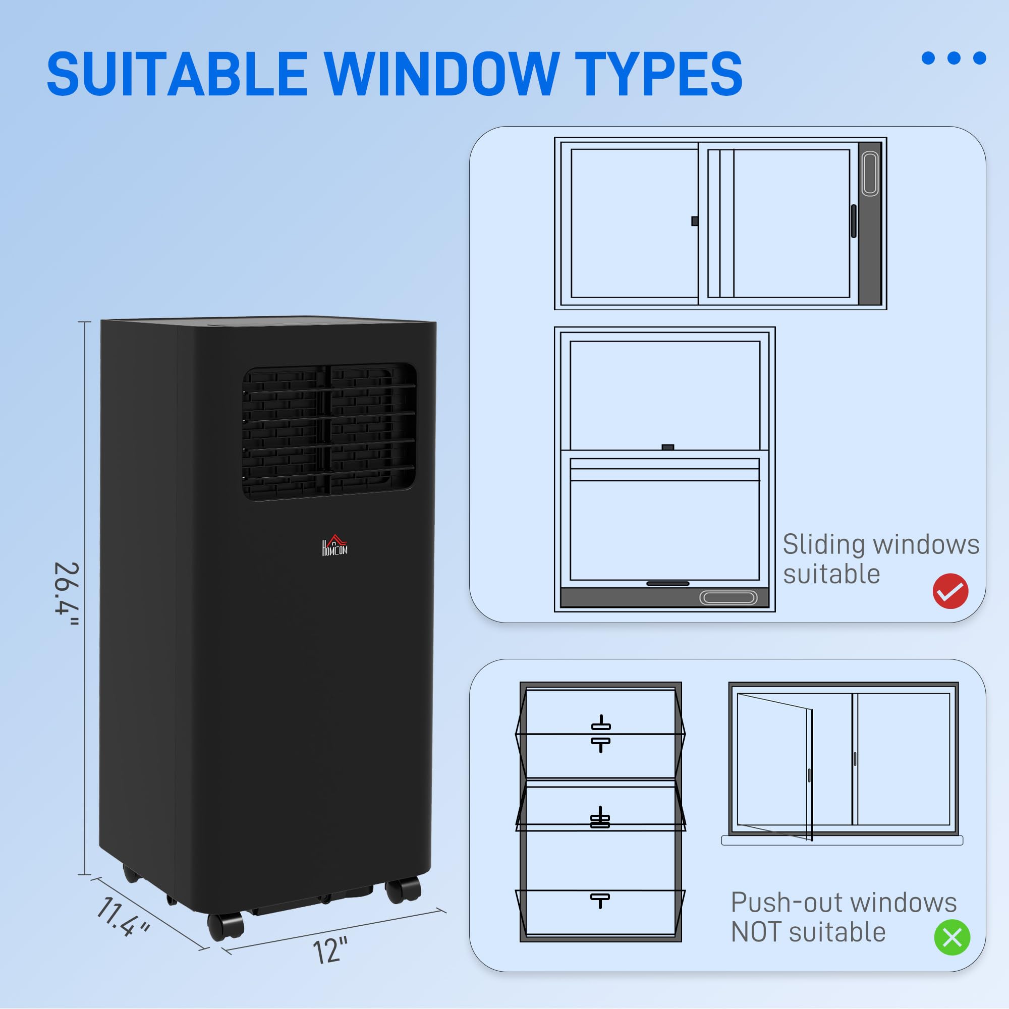 HOMCOM 8000 BTU Portable Air Conditioner for Rooms Up to 345 Sq. Ft., 3-in-1 AC Unit with Dehumidifier, Cooling Fan, Sleep, Remote, 24H Timer On/Off, Window Installation Kit, Black