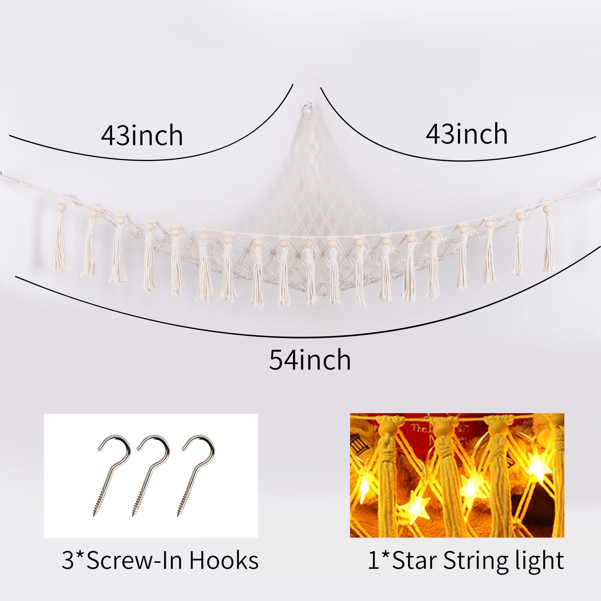 Moosky Stuffed Animal Net or Hammock with LED Light Toy Organizer Macrame Toy Hammock Stuff Animal Storage Corner Hanging Net Holder with Tassel & Hooks Boho Decor for Nursery Kids Room (Beige)