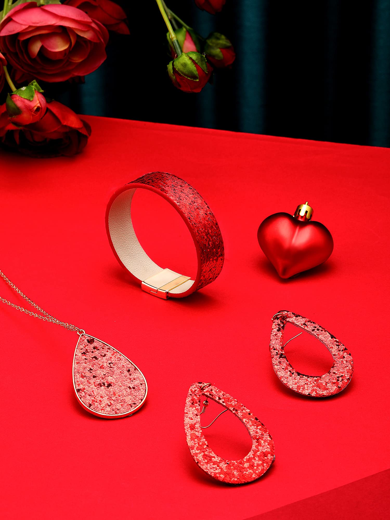 Hicarer Women's Glitter Jewelry Set, Include 2 Pieces Bridal Wedding Multi-Layer Bracelet 3 Pair Faux Leather Dangle Earrings 1 Piece Necklace for Women (Red)