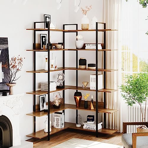 Tall Bookcase Shelf Storage Organizer 6 Tiers, L-Shape Corner Bookshelf with Anti-toppling Fitting, Industrial Display Standing Shelf Units for Living Room Home Office, Each Panel Hold up to 80 lbs