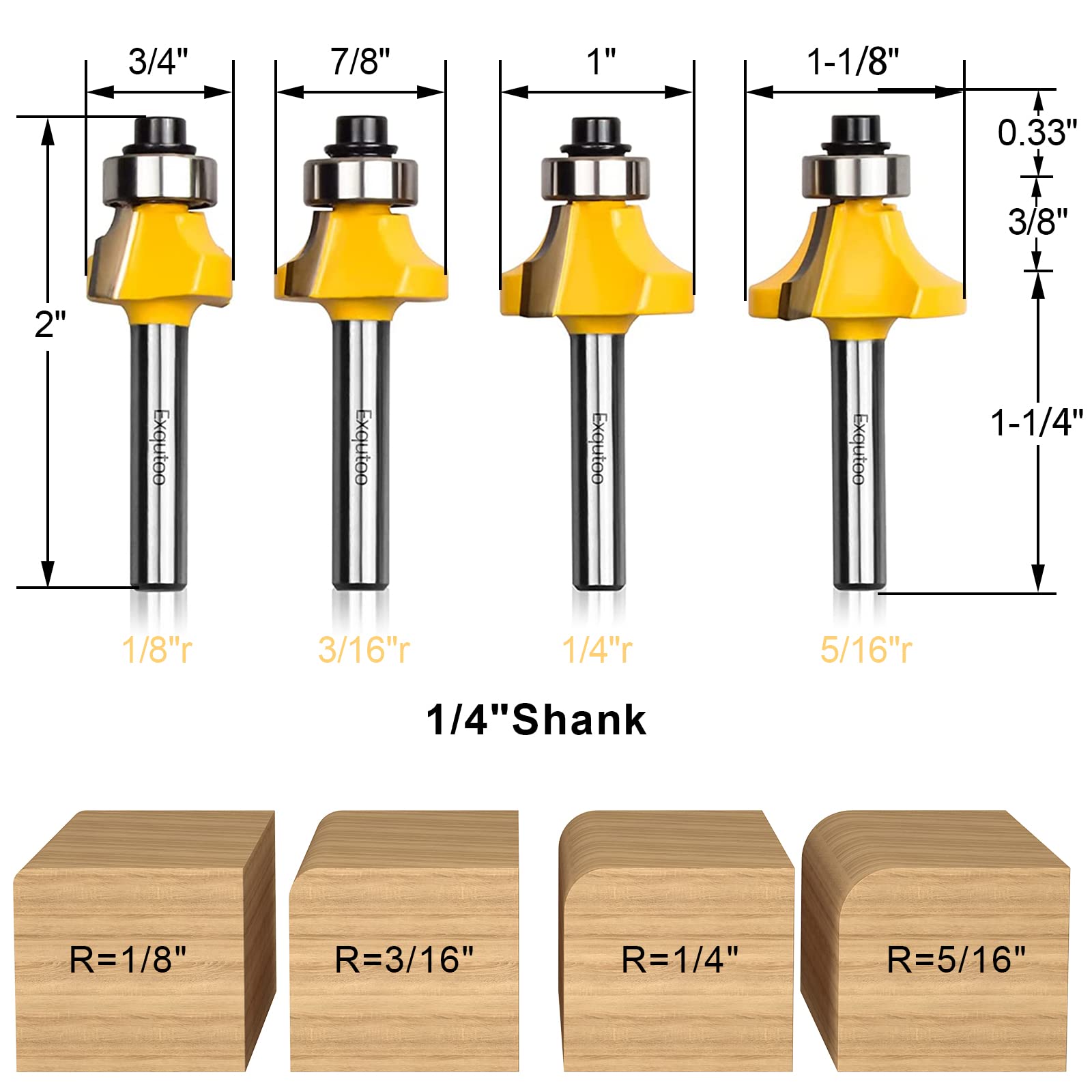 Exqutoo 1/4-Inch Shank Roundover Edging Router Bit Set, Corner Rounding Edge Forming Bit, Woodworking Milling Cutter Tools, 1/8", 1/4", 3/8", 1/2" Round Radius (4 Pcs), for Router Table Accessories