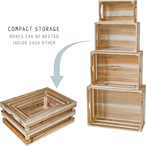 MACVAD Set of 4 Large Wooden Crates Unfinished Office Storage Crates, Decorative Wood Storage Crates for Display, Rustic Pine Wood Organizer Bin Basket for Kitchen Pantry Bathroom