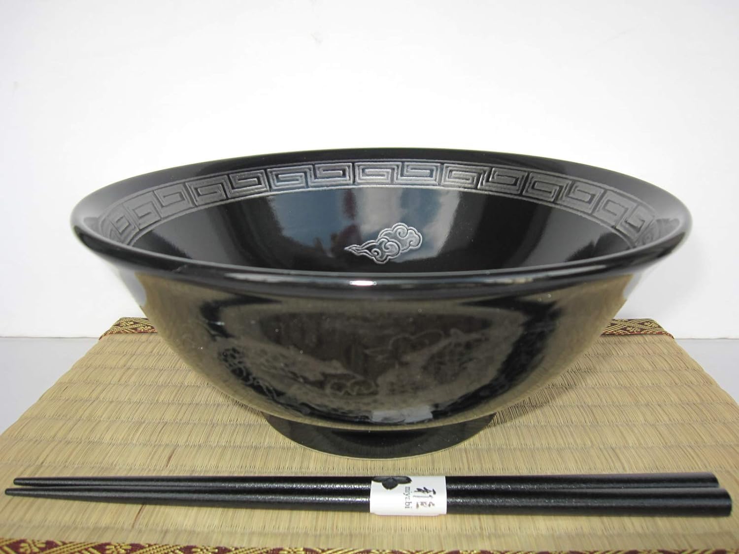 Japanese Black Glaze Silver Dragon 8.35 Inches Diameter Ramen Soup Ramen Noodle or Serving Bowl with Chopsticks
