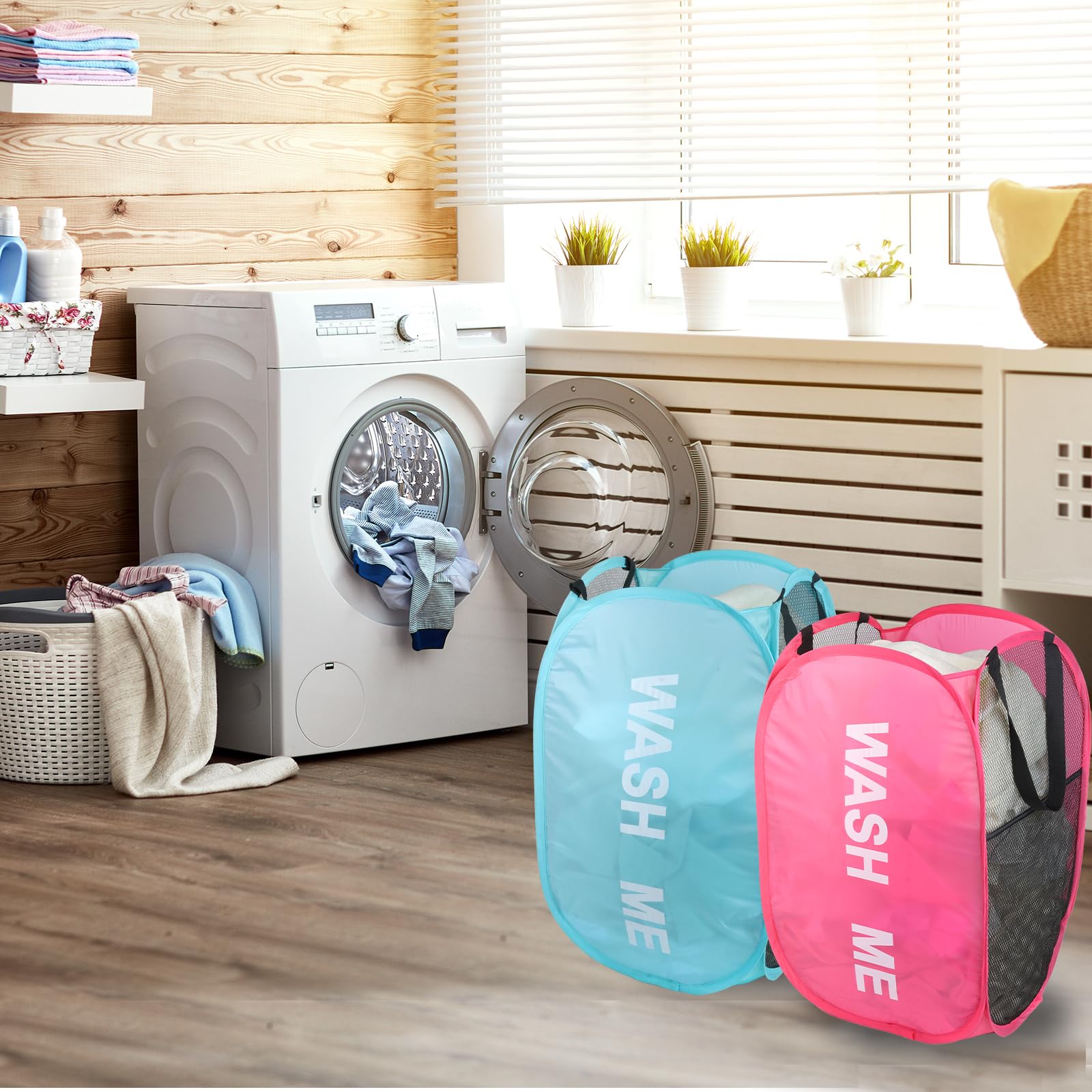 podafu 2 Pack Collapsible Kids Laundry Basket With Handles Mesh Pop Up Laundry Hamper for Bedroom, Dorm ,Travel or Camper (Pink + Blue)