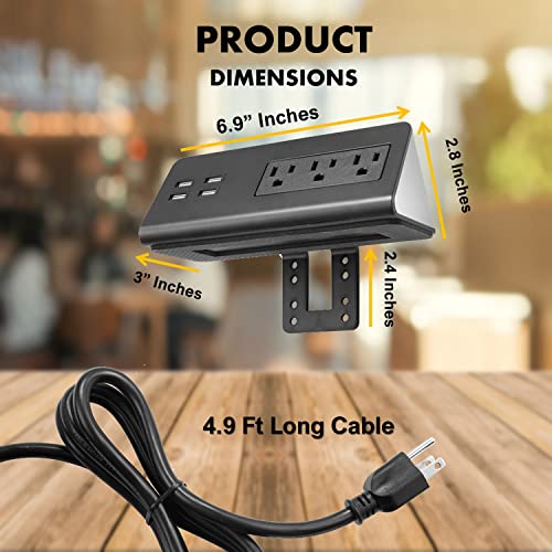 Kable Kontrol Desk Clamp Power Strip with 4 USB Ports, Desk Edge Power Charging Station, 3 Power Outlets, Fast Charger, Easy Installation for Home, Offices, Hotels β 4.9 Ft, Black