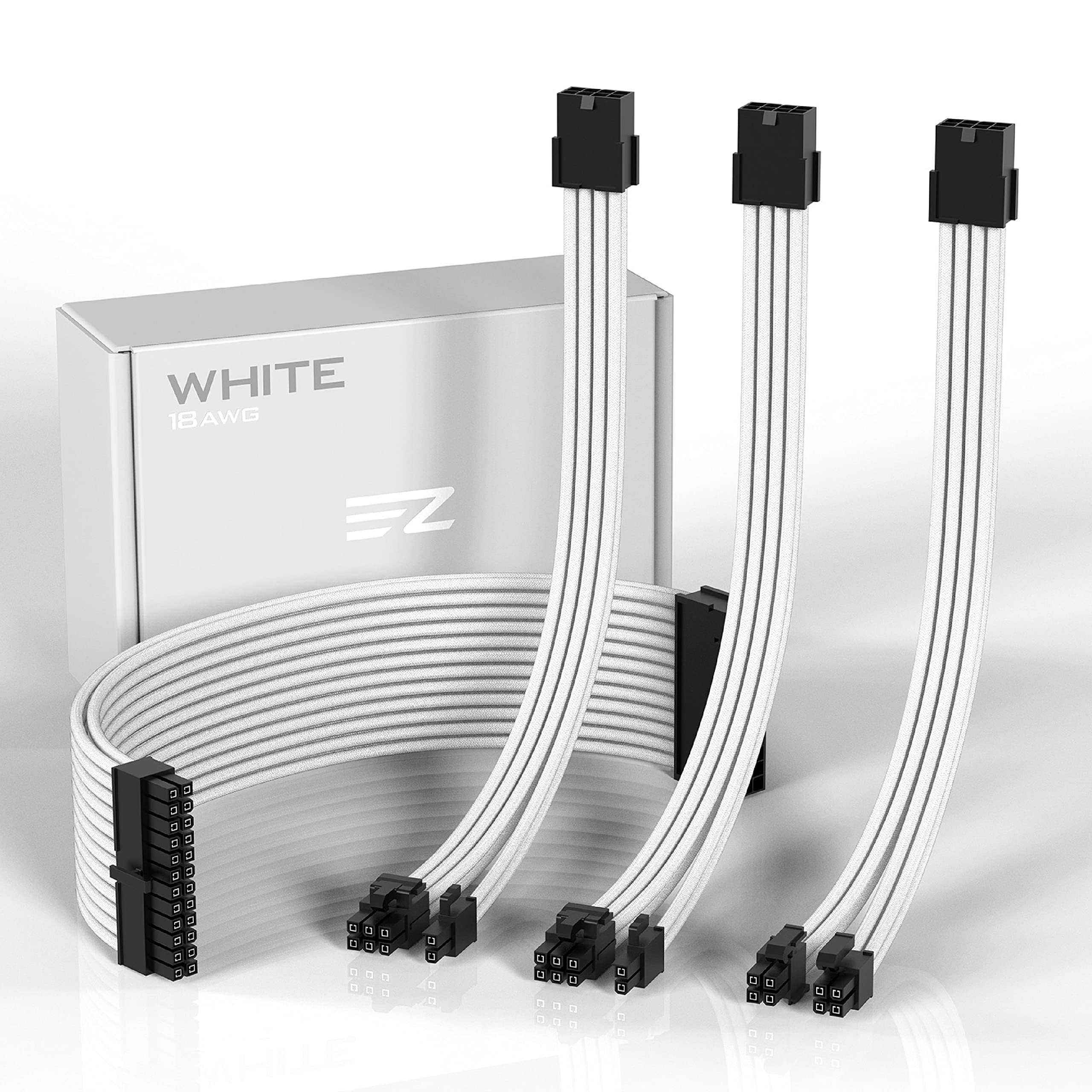EZDIY-FAB PSU Extension Cable Sleeved Custom Mod PC Power Supply Cable, Soft Nylon Braided with Comb Kit 24PIN/8PIN to 6+2Pin/ 8PIN to 4+4PIN-30CM 300MM - White