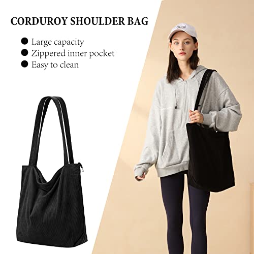 Iioscre Corduroy Tote Bag for Women,Tote Bag for School,Large Capacity Zipper Casual Shoulder Bag with Inner Pockets