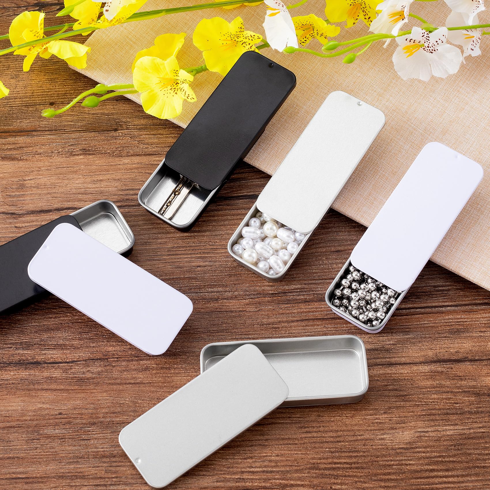 OIIKI 6pcs Small Slide Top Tin Box, Metal Rectangle Storage Boxes, Empty Tin Case Containers for Storage Candy Pills Earrings Jewelry Lipstick Toothpicks- 2 Silver & 2 Black & 2 White