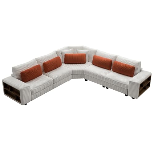 Sectional Sofa Couches for Living Room: 142" Oversized Modular L Shaped Sofas with Storage - Beige 5 Seats Corner Sofa Faux Fur Plush Fabric Orange Pillows