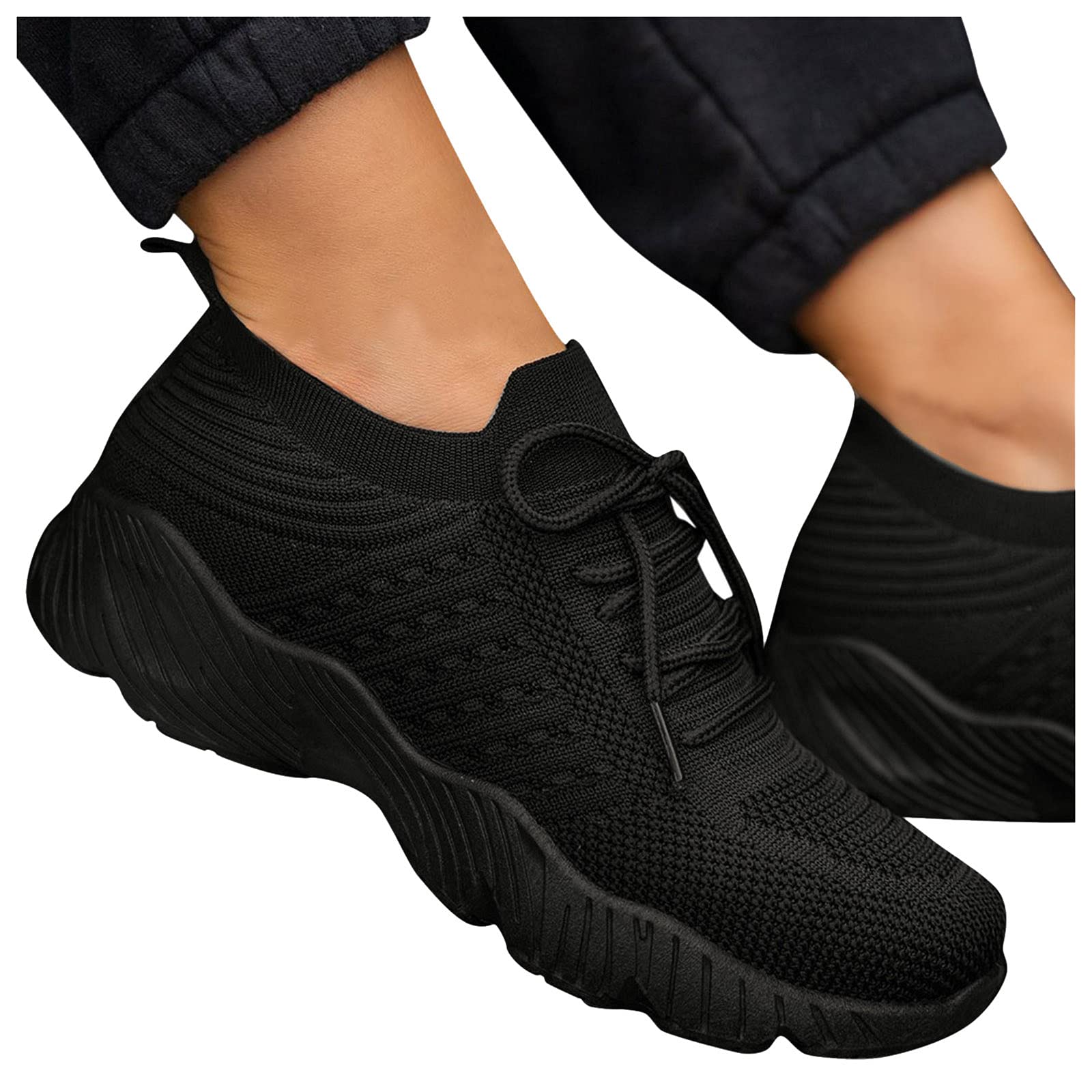FASDNENDYS Fashion Lace-up Knitted Flying Size Solid Large Color Women's Platform Women's Womens Running Shoes Gel Black