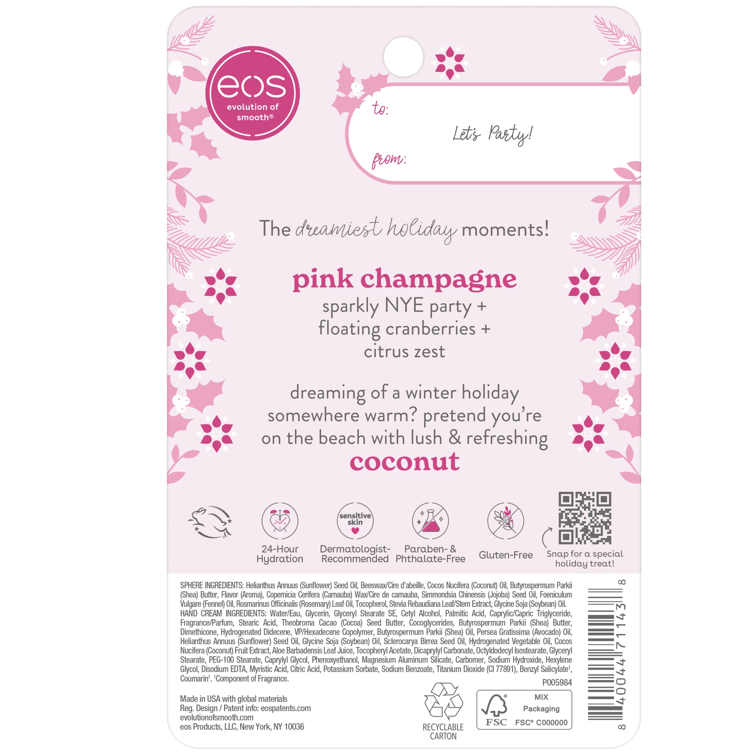 eos Limited Edition Holiday Collection- Pink Champagne Lip Balm & Coconut Hand Cream, 24-Hour Hydration, 2-Pack, Clear