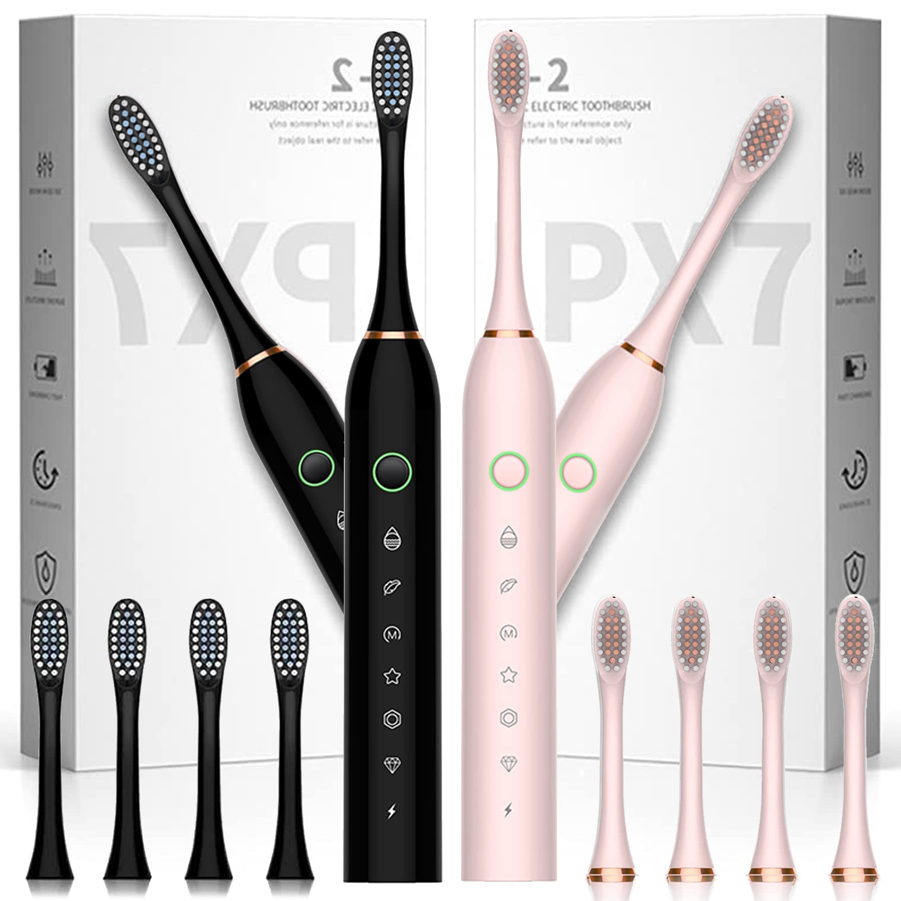 Lukern 2 Pack Clean Toothbrush for Adult Soft Toothbrushes Standard Size with 8 Brush Heads Travel Use (Black+Pink)