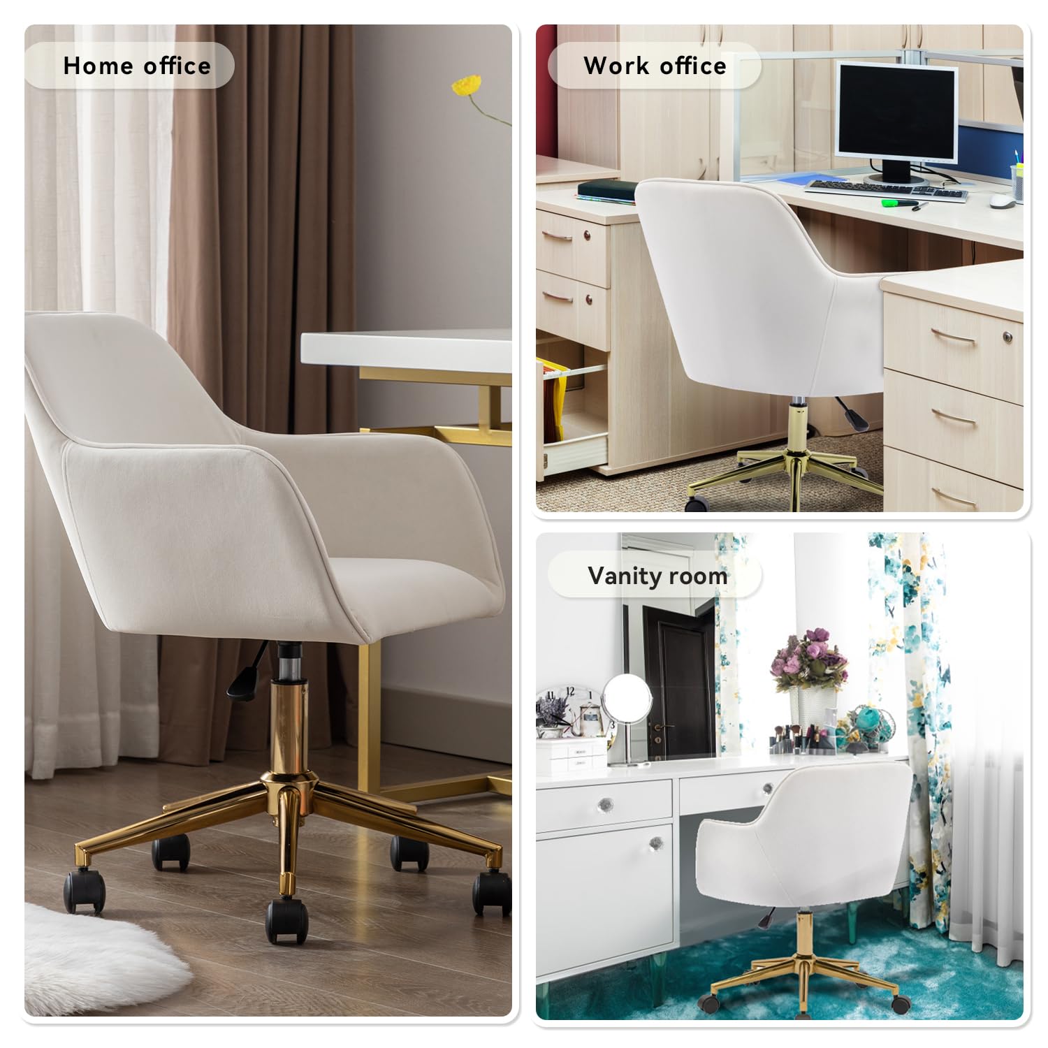 ERILEWE COLLECTION Velvet Home Office Chair, Cute Swivel Desk Chair with Wheels, Modern Rolling Adjustable Vanity Chair with Gold Base for Home Office, Vanity Room,Bedroom