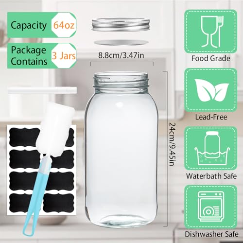 Ltzmcmy 64 oz Mason Jars Wide Mouth,3 Pack Large Half Gallon Mason Jar with Airtight Lids,Air Tight Glass Pickling Jars for Canning,Fermenting,Food Storage