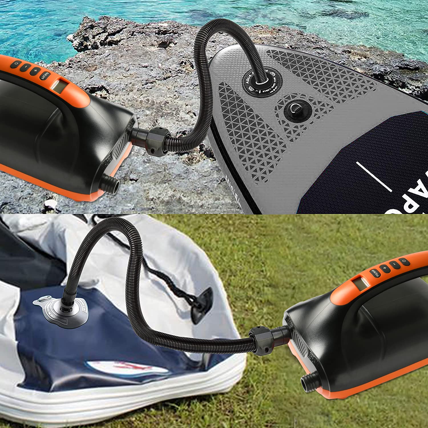 High-Pressure SUP Air Pump 20PSI Paddle Board Pump 12V DC Intelligent Dual Stage Auto-Off Function Stand-up Board Pump with Cigarette Lighters and Hose for Air Mattresses Tent Stand Up Paddle Boards