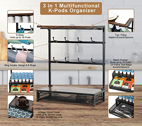 TQVAI Coffee Pods Drawer with Mug Hooks, 50 Capacity Coffee Pod Holder, Coffee Station Organizer for K Cups, Tea Bags, Espresso Capsule Coffee Creamer, Black/Archaize
