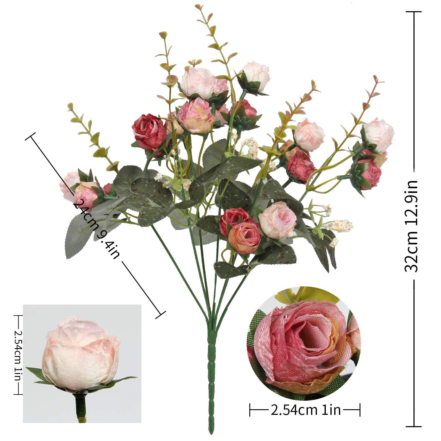 Flojery 21 Heads Silk Rose Bouquet Artificial Flowers Mini Rose for DIY Wedding Bouquets Centerpieces Bridal Shower Party Home Decorations,Pack of 4 (Pink)