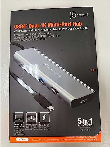 j5create USB4 Dual 4K Multi-Port Hub -5 in 1 USB4 Hub with PD 85W, Dual 4K Display, DisplayPort 1.4, USB-A, USB-C Ports | for Macbooks, Windows Laptops, Thunderbolt 3/4, and USB4 Devices (JCD401)