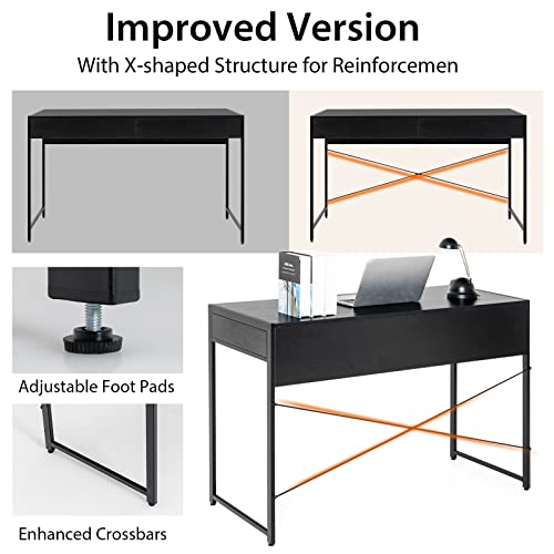 Tangkula Computer Desk with 2 Drawers, 44" Study Writing Table w/Heavy-Duty Steel Frame & Reinforced Structure, PC Desk with Storage for Home Office (Black)