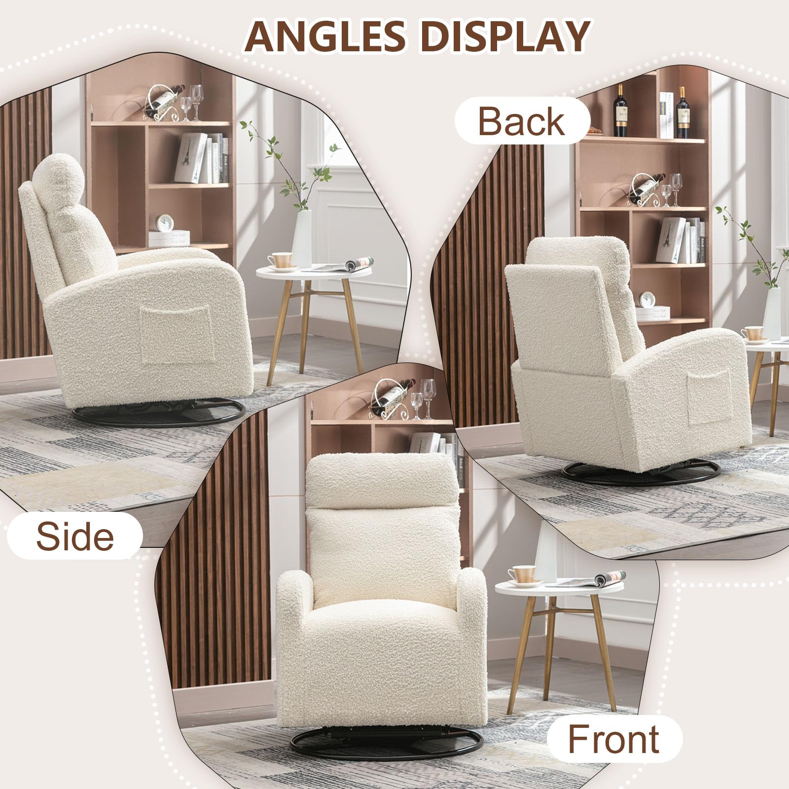 LUCKHAO Swivel Rocking Chair,Nursery Swivel Glide Armchair Teddy Fabric Upholstered Modern Rocking Chairs with High Backrest for Nursery, Bedroom, Living Room(White Teddy