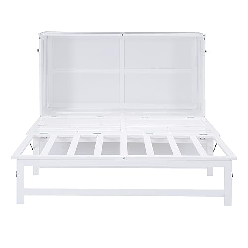 FANYE Space Saving Size Cube Built-in Charging Station and Shelf, Foldable Murphy Bed for Multipurpose Guest Room or Home Office, No Box Spring Required Easy Assembly, White Queen
