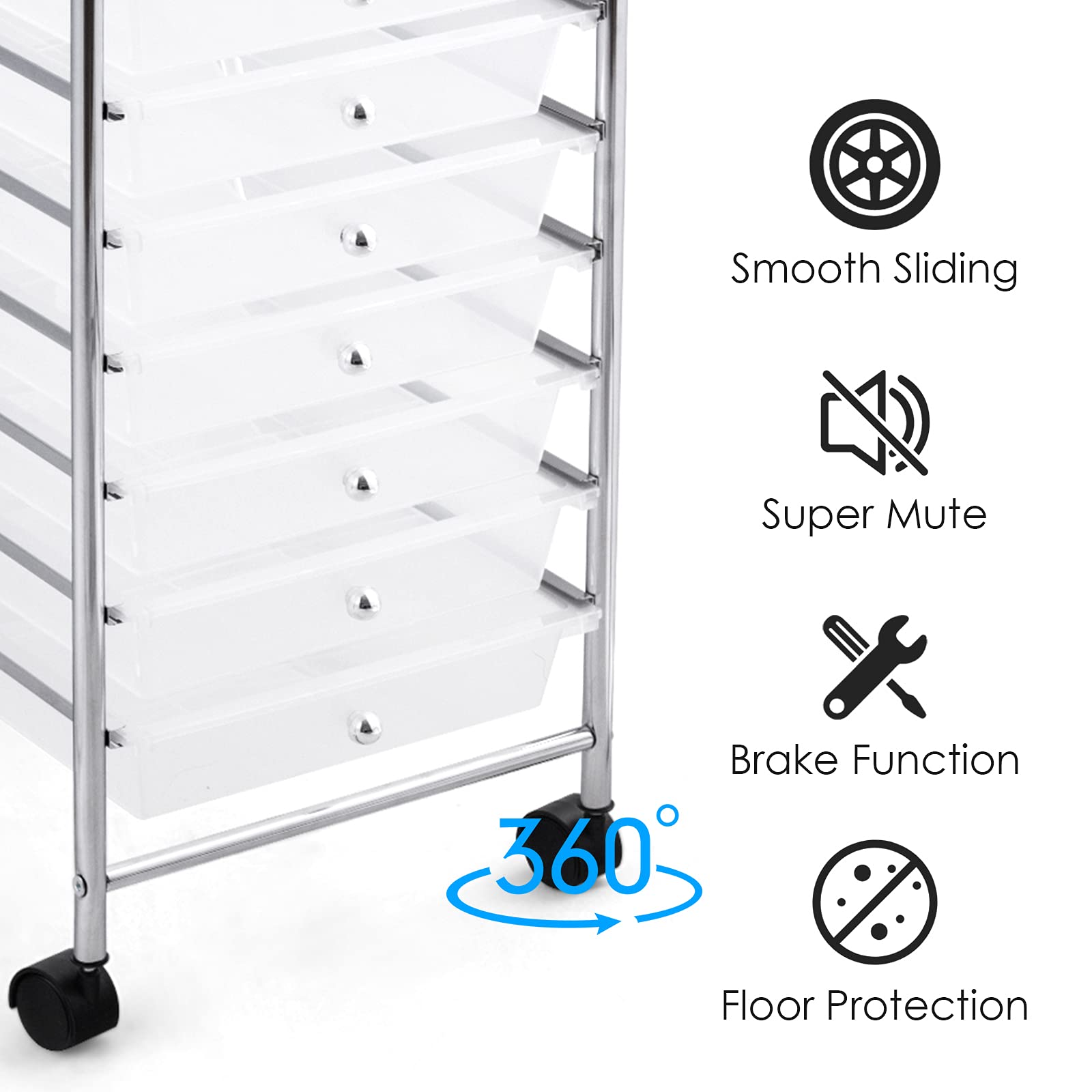 GOFLAME Rolling Drawer Cart with 10 Drawers, Utility Storage Organizer Cart with Wheels and Metal Frame, Art Cart for Office, School, Home, Clear
