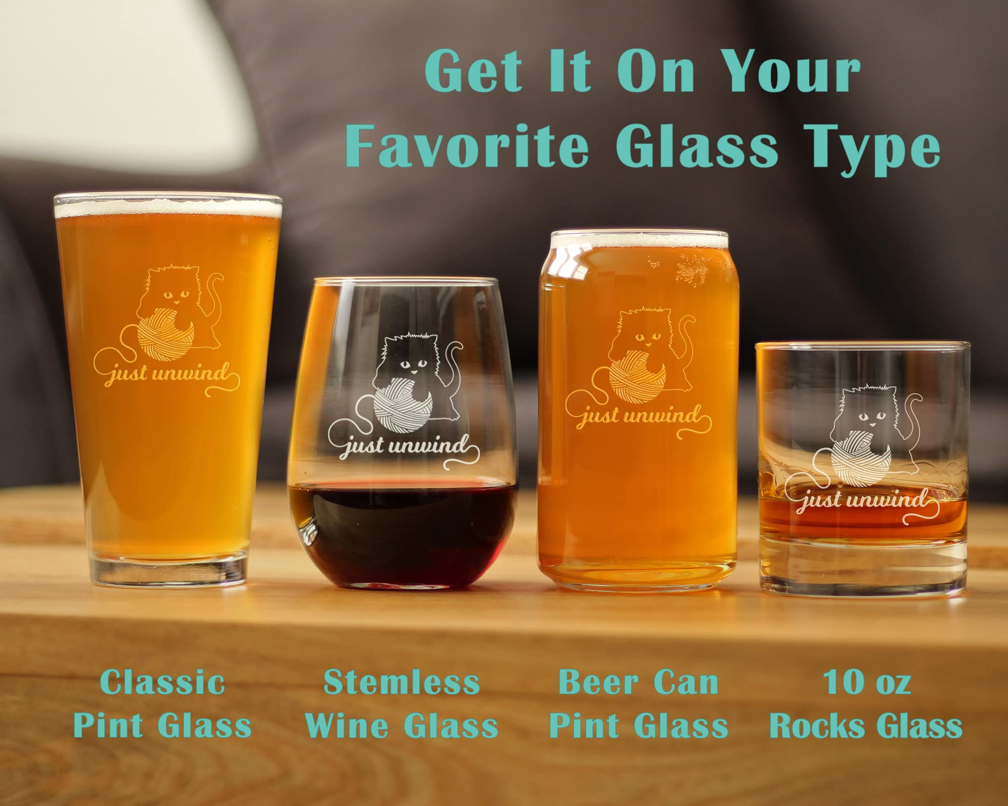Just Unwind - Stemless Wine Glass - Funny Kitten Themed Gifts for Cat Lovers Who Knit and Crochet - Large 17 Oz Glasses