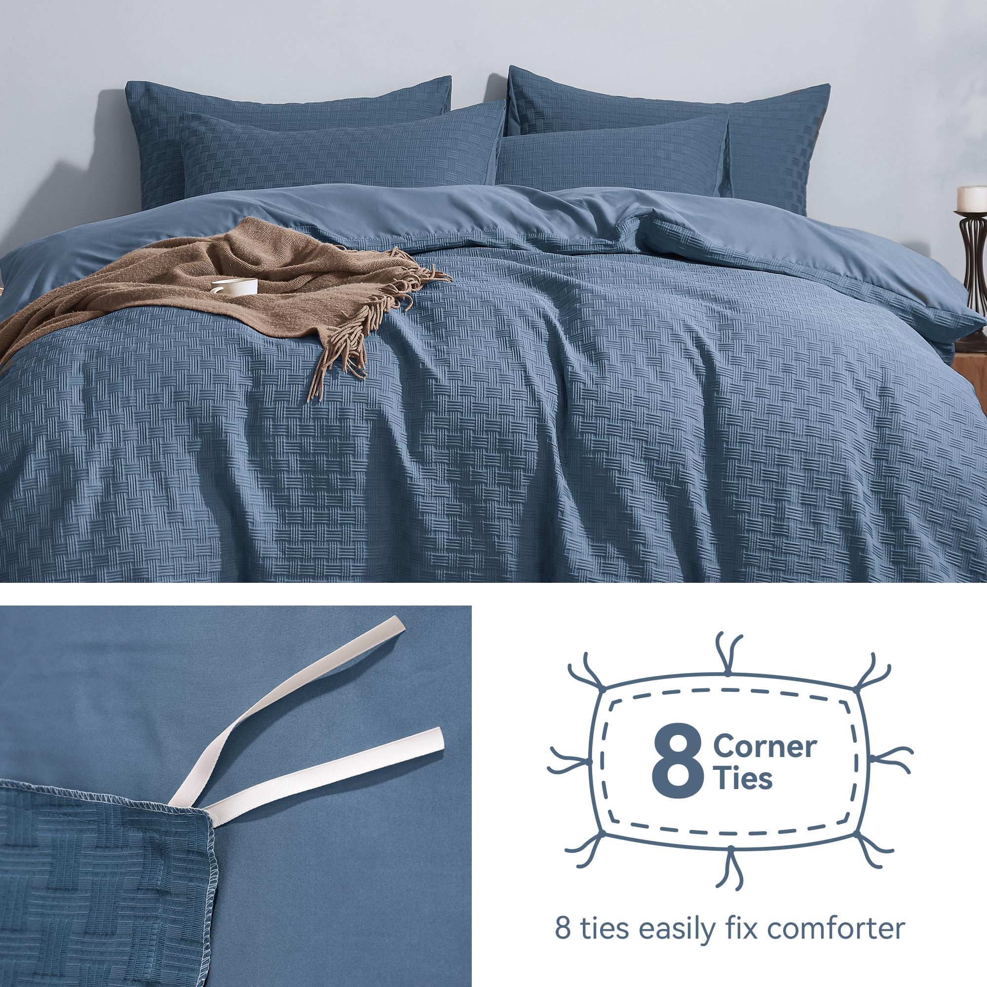 JELLYMONI Blue Duvet Cover Full Size - 3 Pieces Soft and Breathable Microfiber Knitted Jacquard Waffle Weave Striped Comforter Cover with 8 Corner Ties & Zipper Closure